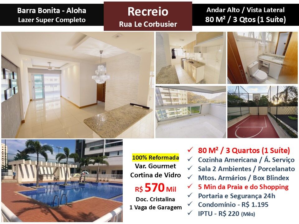 Apto Recreio Barra Bonita Aloha 80M²